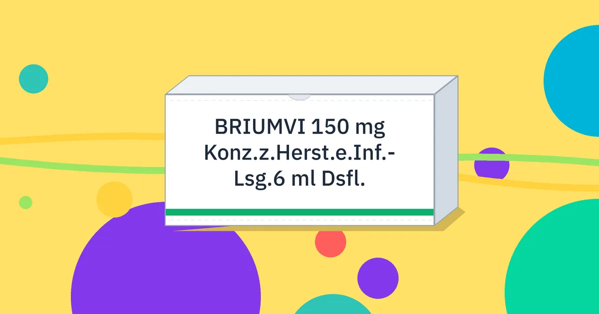 Symbolbild: Packung mit der Aufschrift BRIUMVI 150 mg Konz.z.Herst.e.Inf.-Lsg.6 ml Dsfl. (PZN 08819774) – Verfügbarkeit und Bezug in Apotheken in Frankfurt am Main