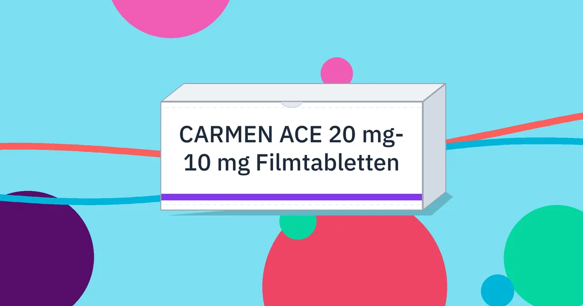 Symbolbild: Packung mit der Aufschrift CARMEN ACE 20 mg-10 mg Filmtabletten (PZN 02297820) – Verfügbarkeit und Bezug in Apotheken in Frankfurt am Main