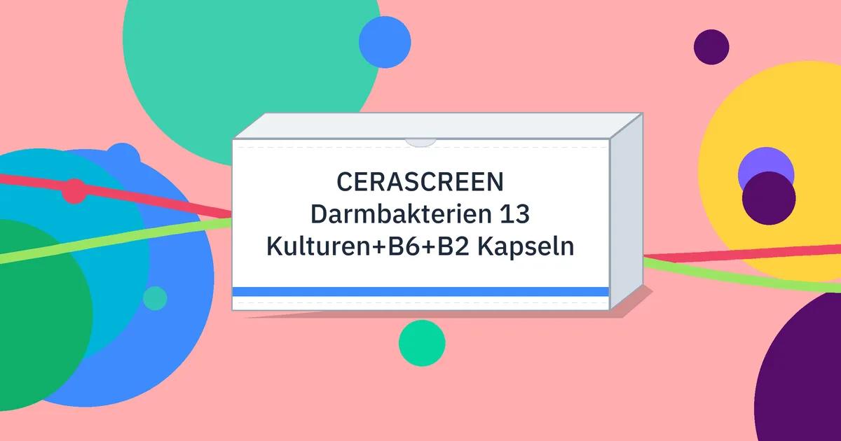 Symbolbild: Packung mit der Aufschrift CERASCREEN Darmbakterien 13 Kulturen+B6+B2 Kapseln (PZN 19145899) – Verfügbarkeit und Bezug in Apotheken in Frankfurt am Main