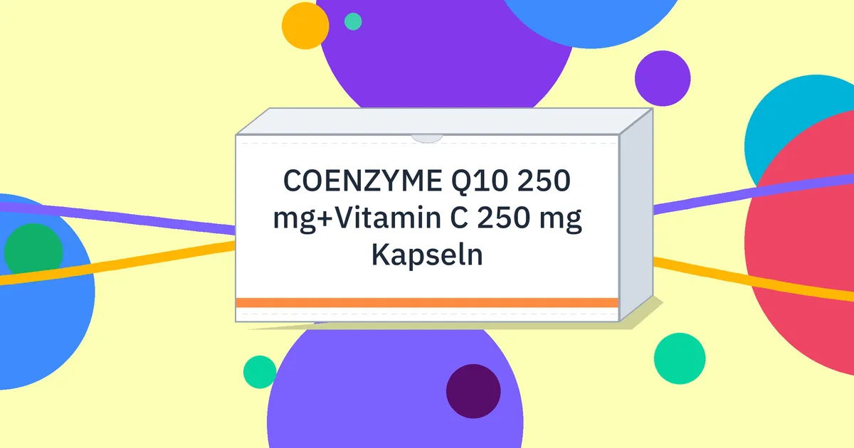 Symbolbild: Packung mit der Aufschrift COENZYME Q10 250 mg+Vitamin C 250 mg Kapseln (PZN 10189636) – Verfügbarkeit und Bezug in Apotheken in Frankfurt am Main