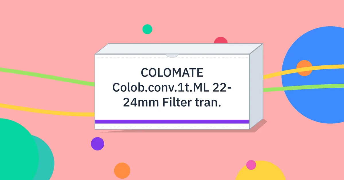 Symbolbild: Packung mit der Aufschrift COLOMATE Colob.conv.1t.ML 22-24mm Filter tran. (PZN 11562534) – Verfügbarkeit und Bezug in Apotheken in Frankfurt am Main