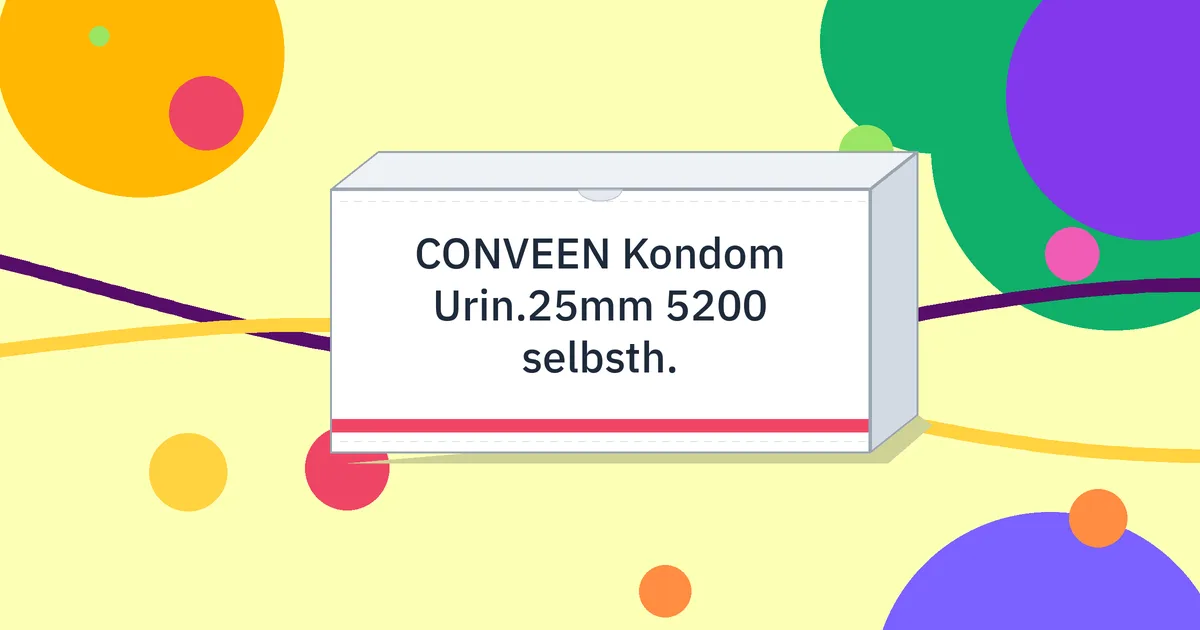 Symbolbild: Packung mit der Aufschrift CONVEEN Kondom Urin.25mm 5200 selbsth. (PZN 03519866) – Verfügbarkeit und Bezug in Apotheken in Frankfurt am Main