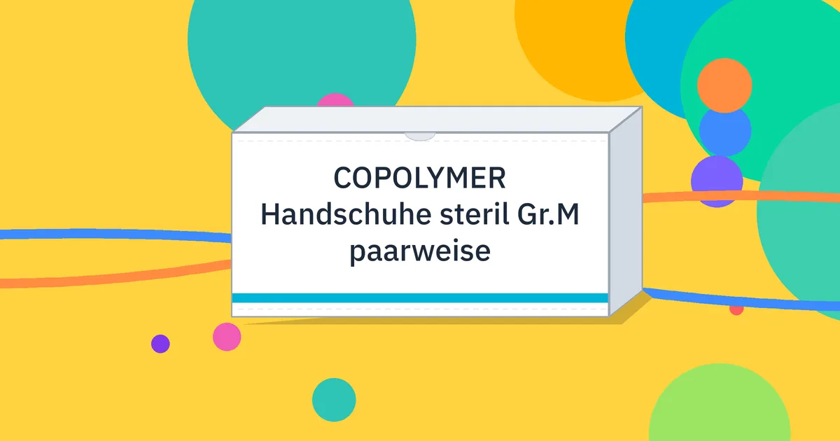 Symbolbild: Packung mit der Aufschrift COPOLYMER Handschuhe steril Gr.M paarweise (PZN 05854184) – Verfügbarkeit und Bezug in Apotheken in Frankfurt am Main