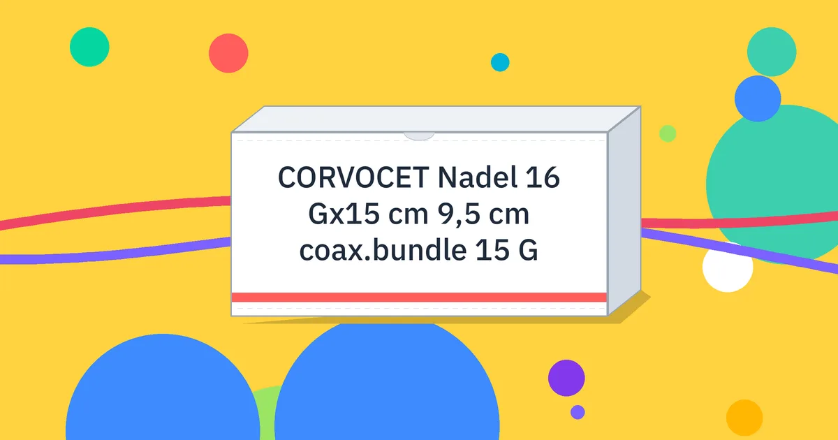 Symbolbild: Packung mit der Aufschrift CORVOCET Nadel 16 Gx15 cm 9,5 cm coax.bundle 15 G (PZN 18764117) – Verfügbarkeit und Bezug in Apotheken in Frankfurt am Main
