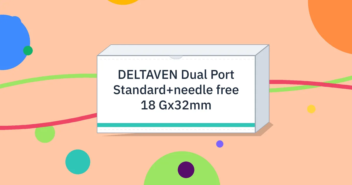 Symbolbild: Packung mit der Aufschrift DELTAVEN Dual Port Standard+needle free 18 Gx32mm (PZN 18873705) – Verfügbarkeit und Bezug in Apotheken in Frankfurt am Main