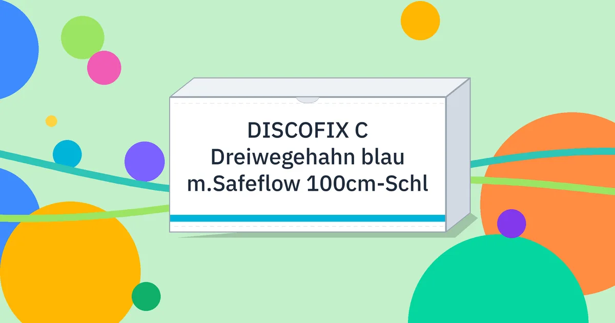 Symbolbild: Packung mit der Aufschrift DISCOFIX C Dreiwegehahn blau m.Safeflow 100cm-Schl (PZN 04834357) – Verfügbarkeit und Bezug in Apotheken in Frankfurt am Main