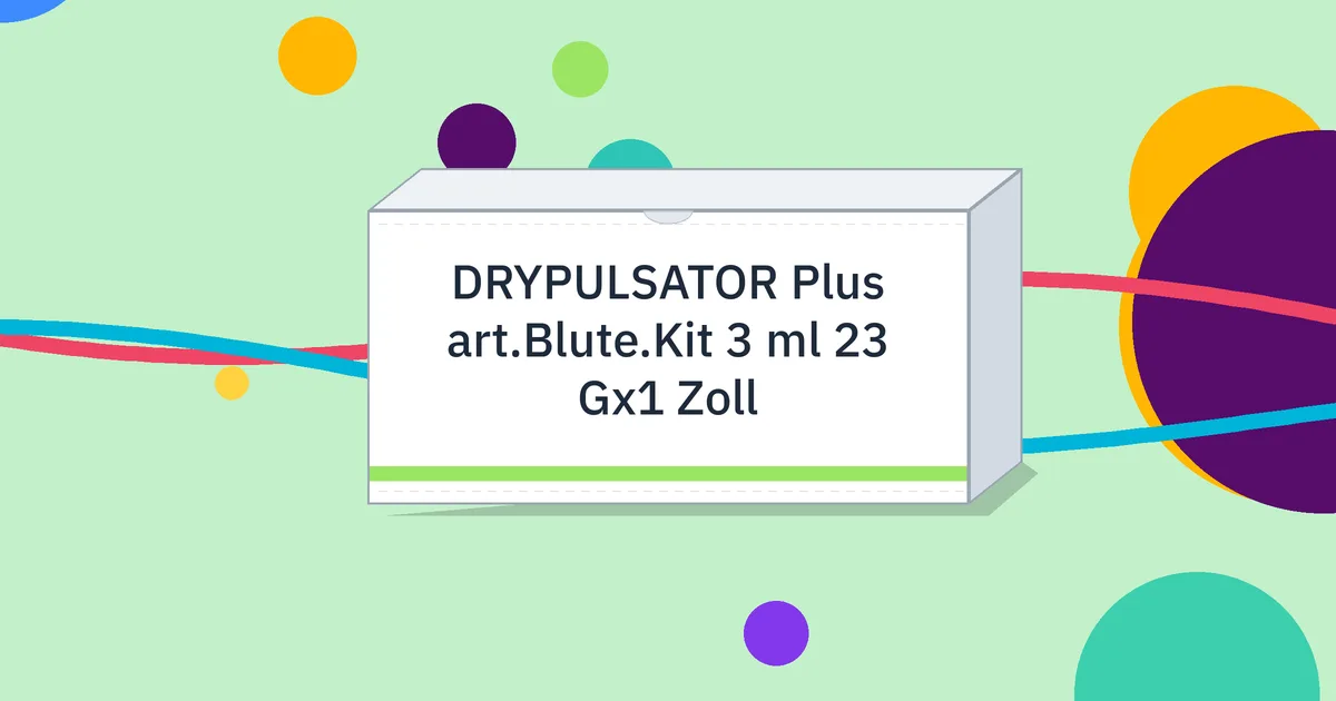 Symbolbild: Packung mit der Aufschrift DRYPULSATOR Plus art.Blute.Kit 3 ml 23 Gx1 Zoll (PZN 09216919) – Verfügbarkeit und Bezug in Apotheken in Frankfurt am Main
