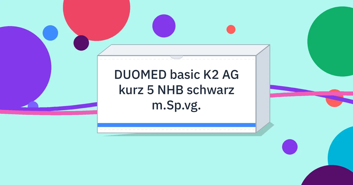 Symbolbild: Packung mit der Aufschrift DUOMED basic K2 AG kurz 5 NHB schwarz m.Sp.vg. (PZN 20908279) – Verfügbarkeit und Bezug in Apotheken in Frankfurt am Main