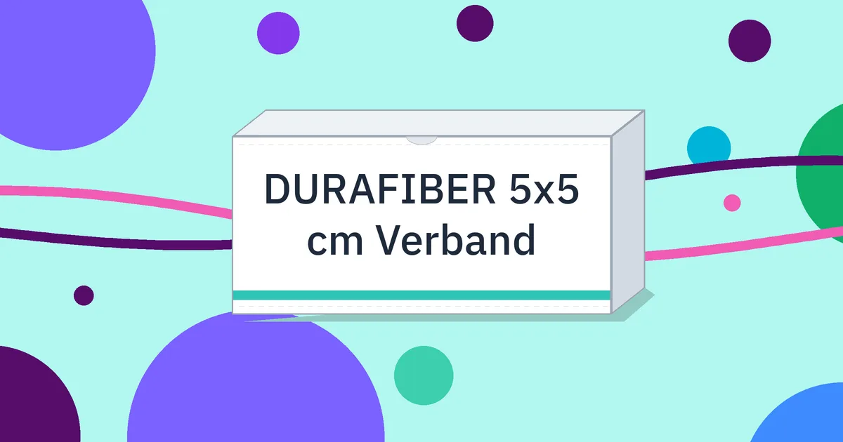 Symbolbild: Packung mit der Aufschrift DURAFIBER 5x5 cm Verband (PZN 20598353) – Verfügbarkeit und Bezug in Apotheken in Frankfurt am Main