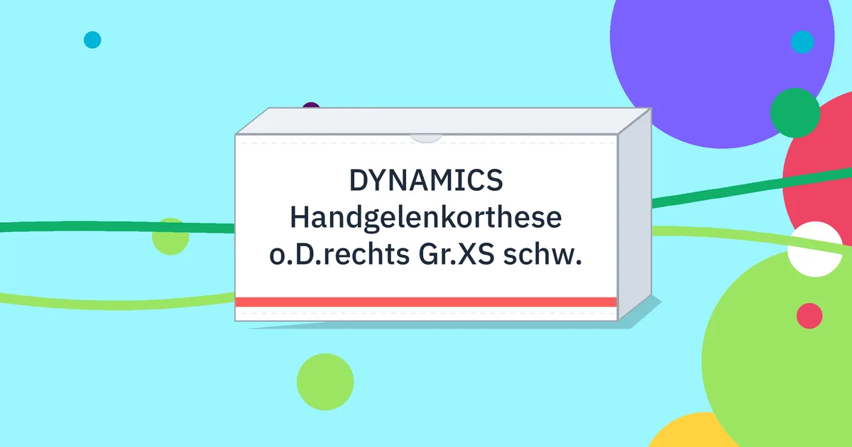 Symbolbild: Packung mit der Aufschrift DYNAMICS Handgelenkorthese o.D.rechts Gr.XS schw. (PZN 10633344) – Verfügbarkeit und Bezug in Apotheken in Frankfurt am Main