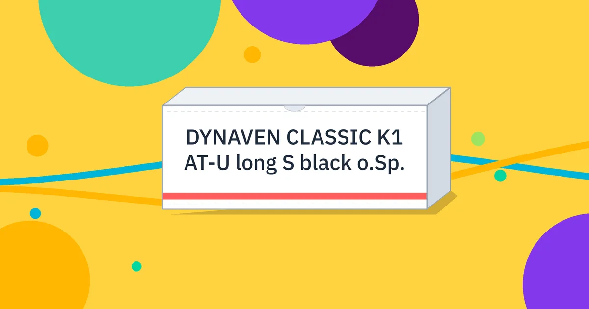 Symbolbild: Packung mit der Aufschrift DYNAVEN CLASSIC K1 AT-U long S black o.Sp. (PZN 18416511) – Verfügbarkeit und Bezug in Apotheken in Frankfurt am Main