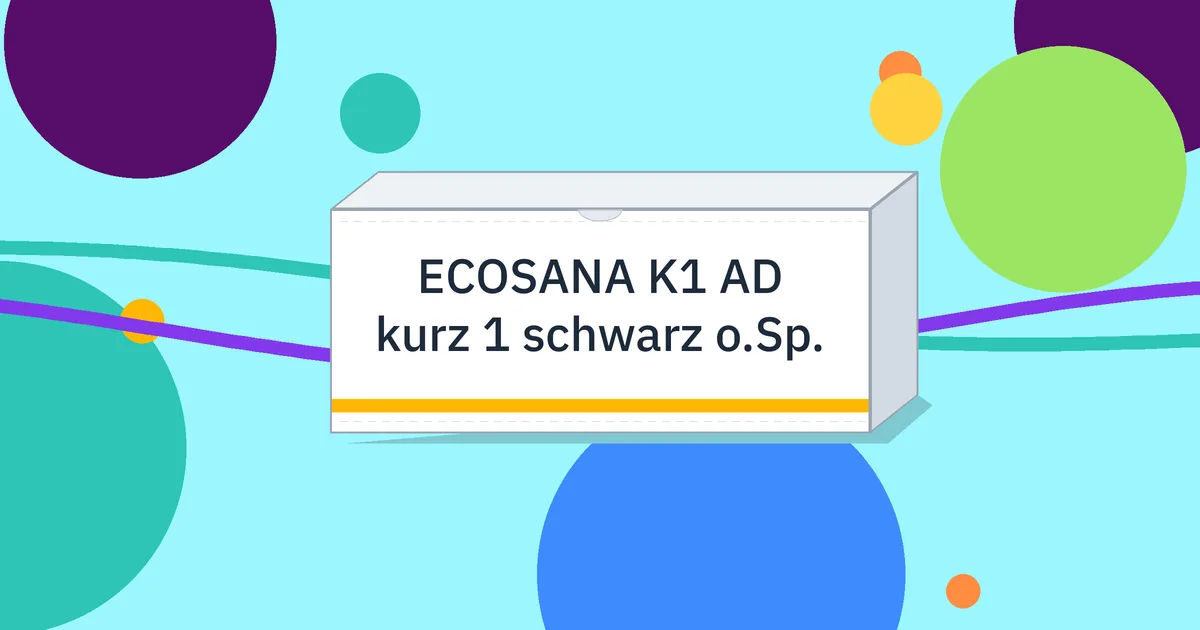 Symbolbild: Packung mit der Aufschrift ECOSANA K1 AD kurz 1 schwarz o.Sp. (PZN 04724226) – Verfügbarkeit und Bezug in Apotheken in Frankfurt am Main