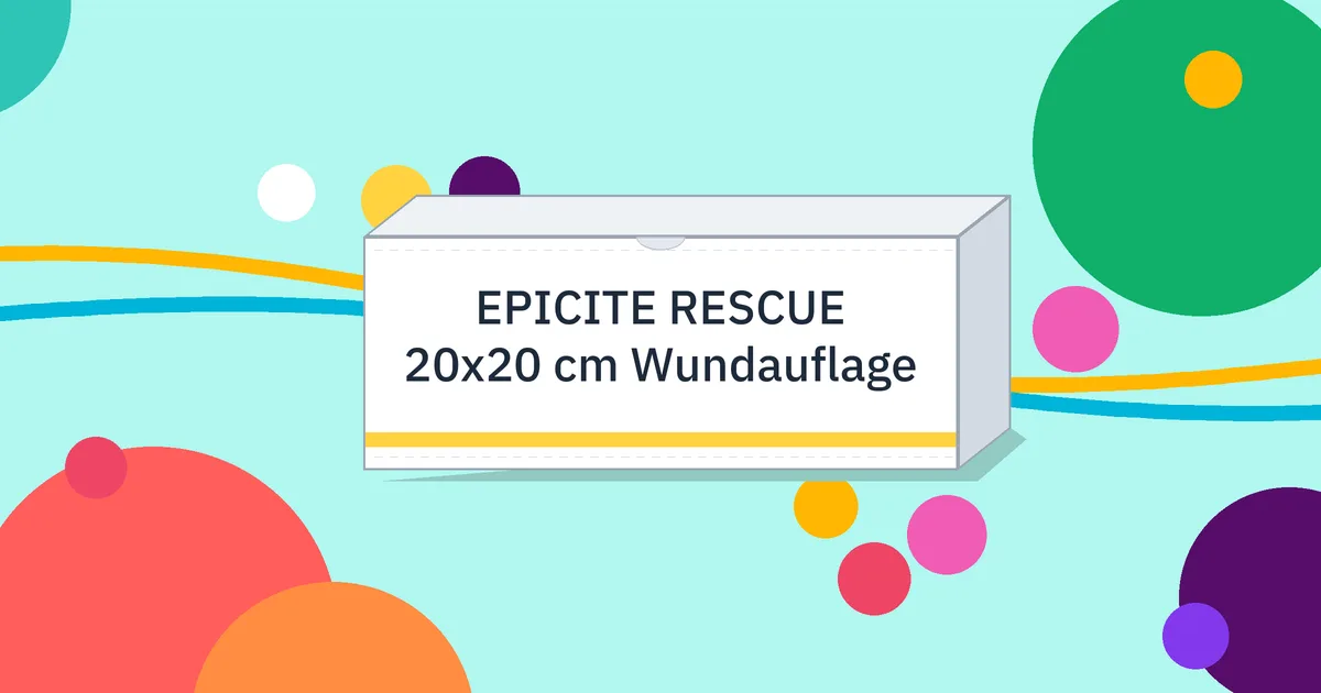 Symbolbild: Packung mit der Aufschrift EPICITE RESCUE 20x20 cm Wundauflage (PZN 20403243) – Verfügbarkeit und Bezug in Apotheken in Frankfurt am Main