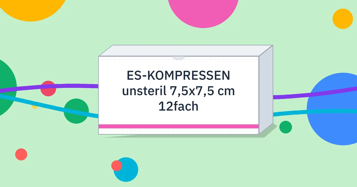 Symbolbild: Packung mit der Aufschrift ES-KOMPRESSEN unsteril 7,5x7,5 cm 12fach (PZN 18715604) – Verfügbarkeit und Bezug in Apotheken in Frankfurt am Main