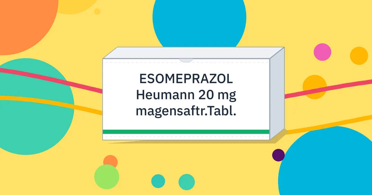Symbolbild: Packung mit der Aufschrift ESOMEPRAZOL Heumann 20 mg magensaftr.Tabl. (PZN 08850206) – Verfügbarkeit und Bezug in Apotheken in Frankfurt am Main