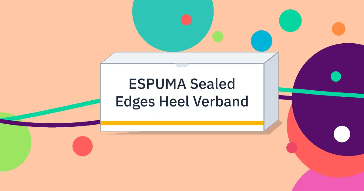 Symbolbild: Packung mit der Aufschrift ESPUMA Sealed Edges Heel Verband (PZN 17930051) – Verfügbarkeit und Bezug in Apotheken in Frankfurt am Main