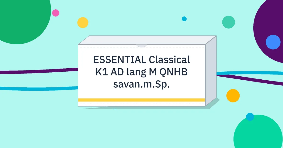 Symbolbild: Packung mit der Aufschrift ESSENTIAL Classical K1 AD lang M QNHB savan.m.Sp. (PZN 18867142) – Verfügbarkeit und Bezug in Apotheken in Frankfurt am Main