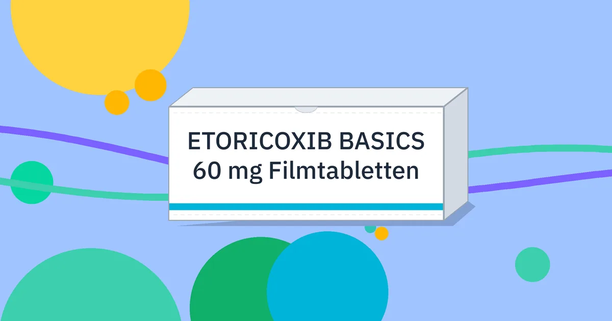 Symbolbild: Packung mit der Aufschrift ETORICOXIB BASICS 60 mg Filmtabletten (PZN 13153225) – Verfügbarkeit und Bezug in Apotheken in Frankfurt am Main