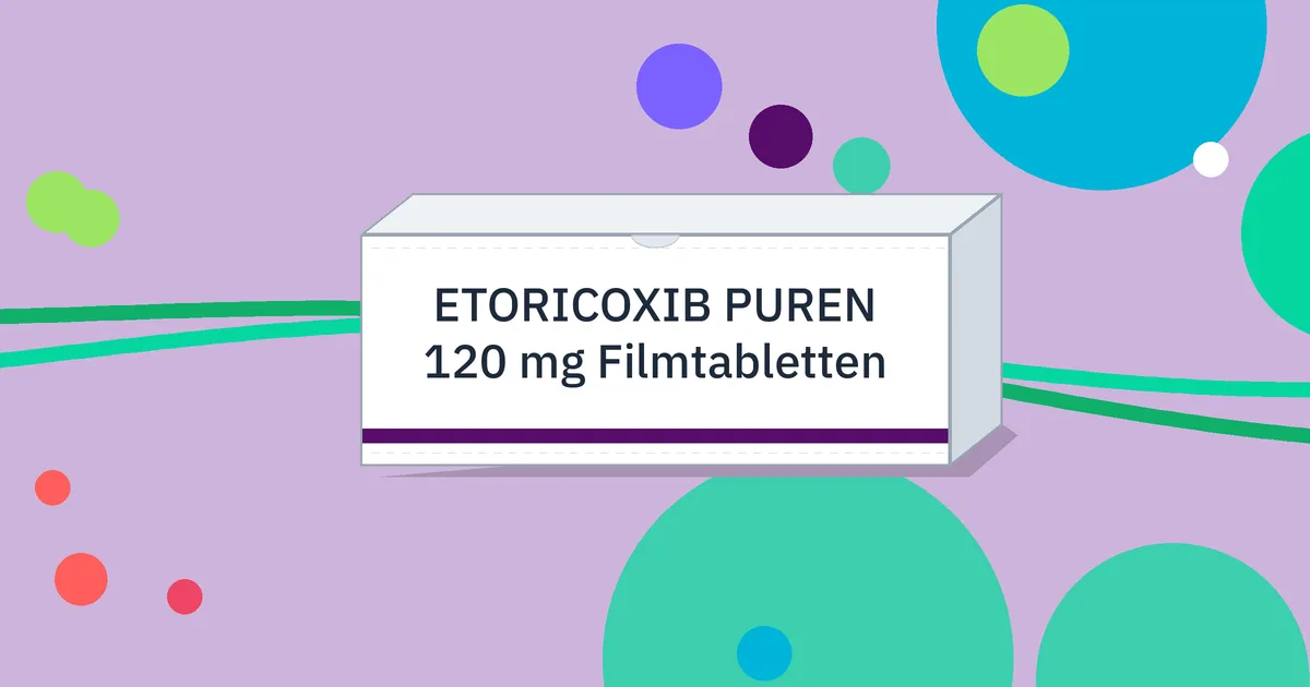 Symbolbild: Packung mit der Aufschrift ETORICOXIB PUREN 120 mg Filmtabletten (PZN 12361795) – Verfügbarkeit und Bezug in Apotheken in Frankfurt am Main