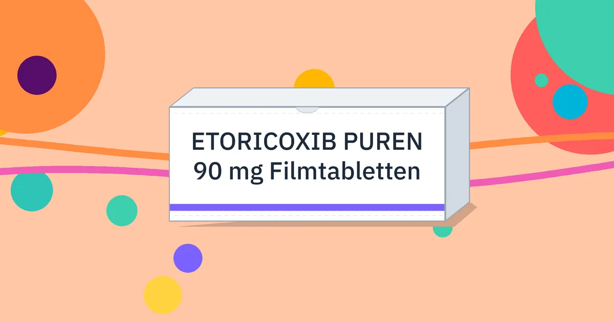 Symbolbild: Packung mit der Aufschrift ETORICOXIB PUREN 90 mg Filmtabletten (PZN 12361708) – Verfügbarkeit und Bezug in Apotheken in Frankfurt am Main