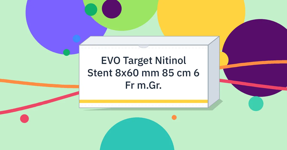 Symbolbild: Packung mit der Aufschrift EVO Target Nitinol Stent 8x60 mm 85 cm 6 Fr m.Gr. (PZN 00100977) – Verfügbarkeit und Bezug in Apotheken in Frankfurt am Main