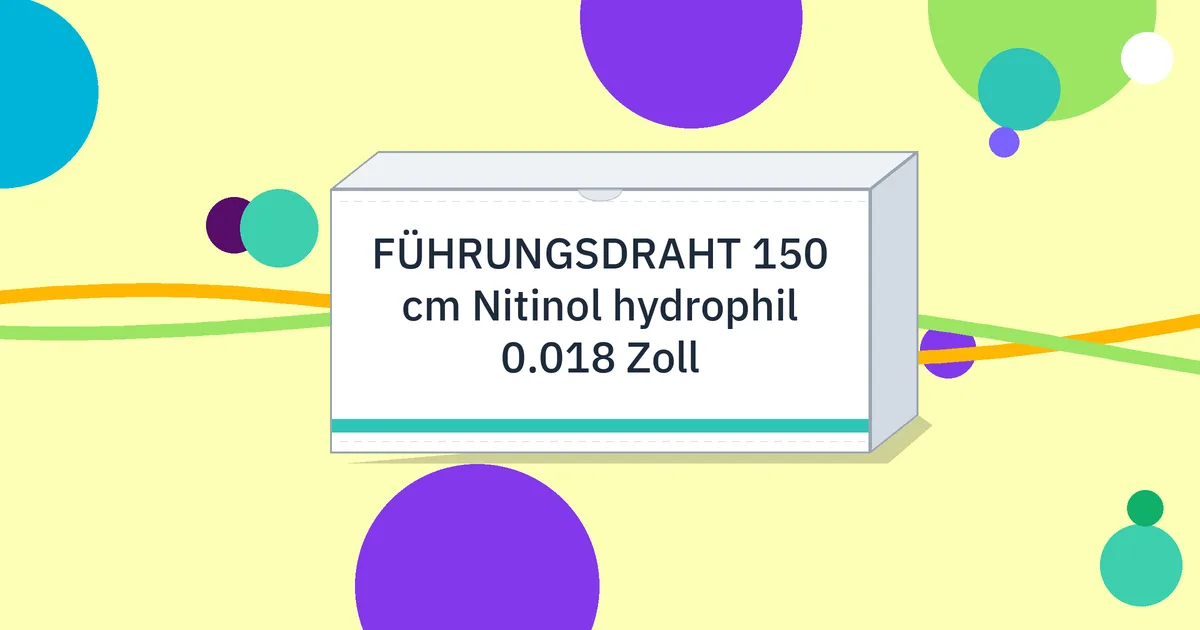Symbolbild: Packung mit der Aufschrift FÜHRUNGSDRAHT 150 cm Nitinol hydrophil 0.018 Zoll (PZN 12424834) – Verfügbarkeit und Bezug in Apotheken in Frankfurt am Main