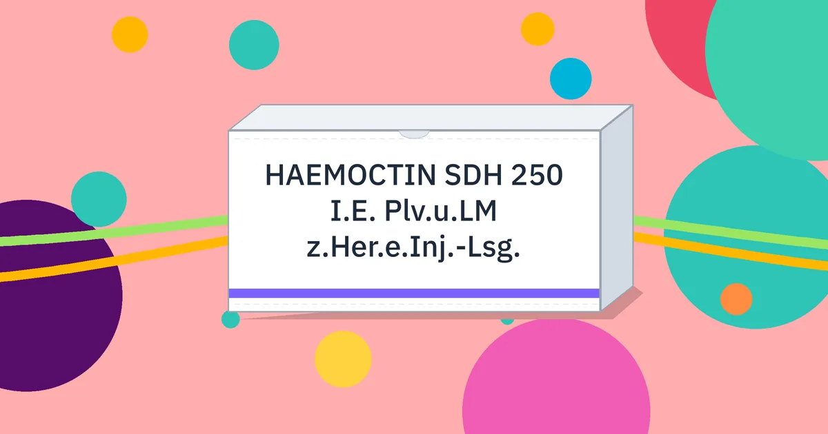 Symbolbild: Packung mit der Aufschrift HAEMOCTIN SDH 250 I.E. Plv.u.LM z.Her.e.Inj.-Lsg. (PZN 06875001) – Verfügbarkeit und Bezug in Apotheken in Frankfurt am Main