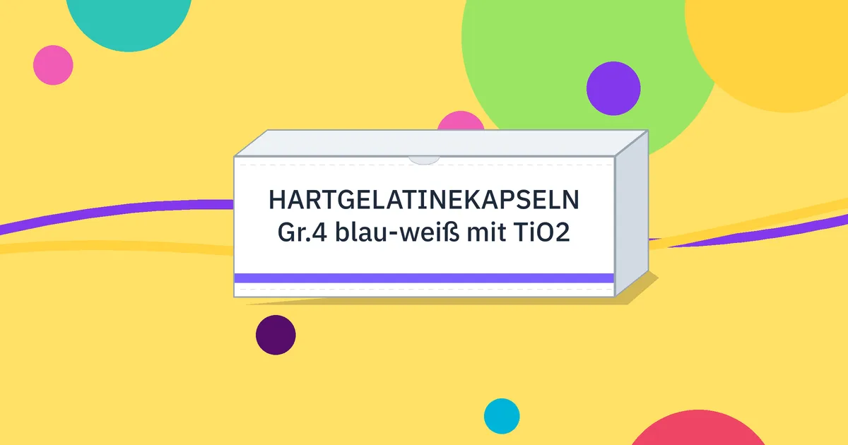 Symbolbild: Packung mit der Aufschrift HARTGELATINEKAPSELN Gr.4 blau-weiß mit TiO2 (PZN 18770595) – Verfügbarkeit und Bezug in Apotheken in Frankfurt am Main