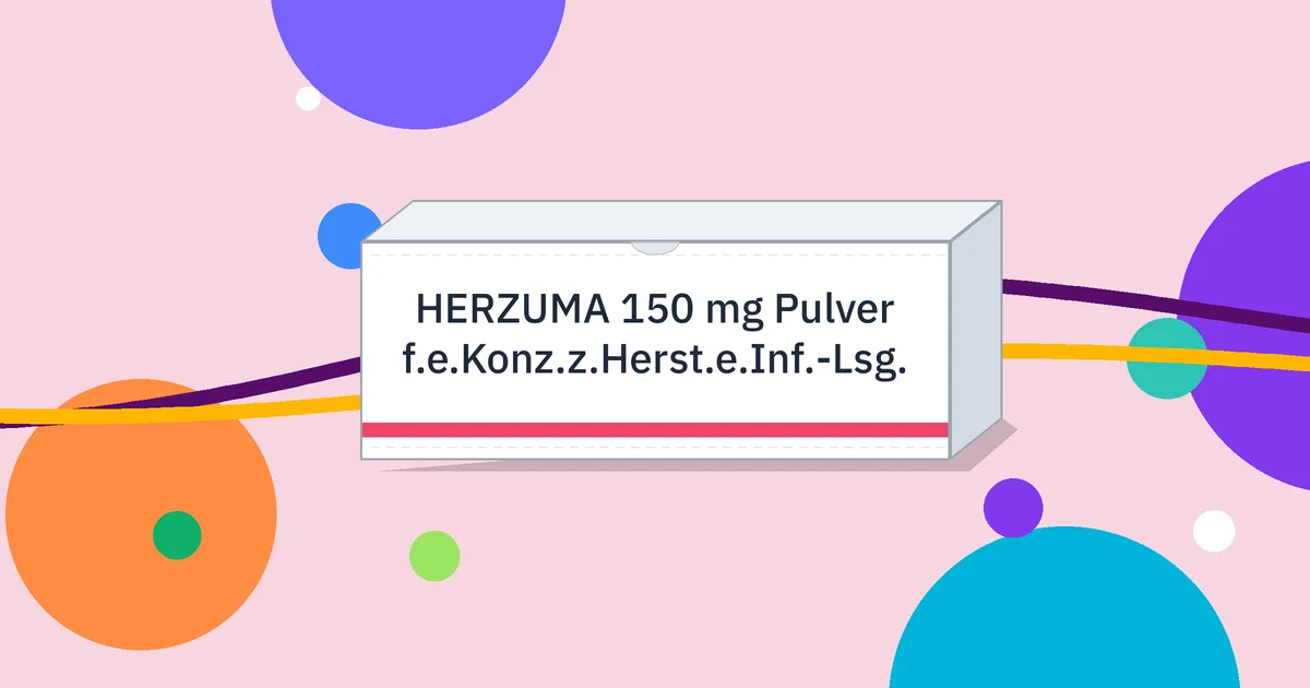 Symbolbild: Packung mit der Aufschrift HERZUMA 150 mg Pulver f.e.Konz.z.Herst.e.Inf.-Lsg. (PZN 14053537) – Verfügbarkeit und Bezug in Apotheken in Frankfurt am Main