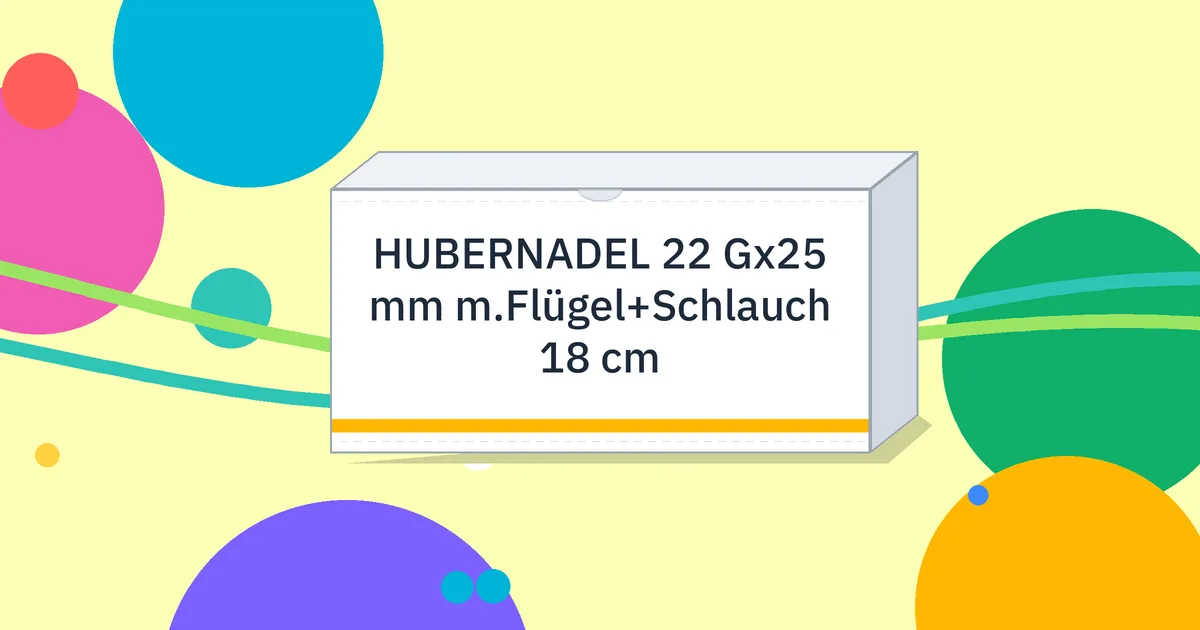 Symbolbild: Packung mit der Aufschrift HUBERNADEL 22 Gx25 mm m.Flügel+Schlauch 18 cm (PZN 02350282) – Verfügbarkeit und Bezug in Apotheken in Frankfurt am Main
