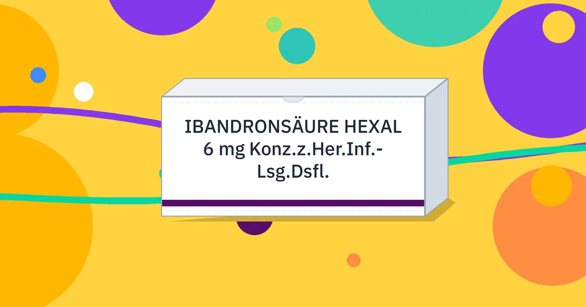 Symbolbild: Packung mit der Aufschrift IBANDRONSÄURE HEXAL 6 mg Konz.z.Her.Inf.-Lsg.Dsfl. (PZN 08480867) – Verfügbarkeit und Bezug in Apotheken in Frankfurt am Main