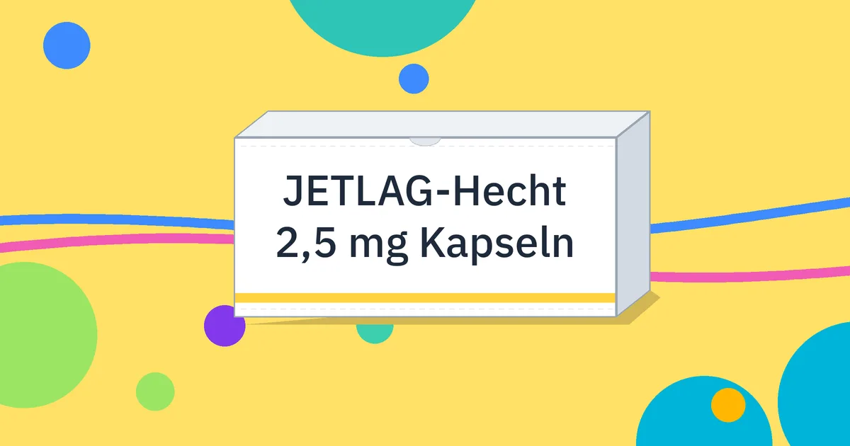 Symbolbild: Packung mit der Aufschrift JETLAG-Hecht 2,5 mg Kapseln (PZN 09919348) – Verfügbarkeit und Bezug in Apotheken in Frankfurt am Main