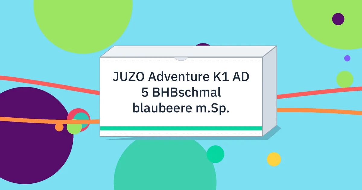 Symbolbild: Packung mit der Aufschrift JUZO Adventure K1 AD 5 BHBschmal blaubeere m.Sp. (PZN 16345422) – Verfügbarkeit und Bezug in Apotheken in Frankfurt am Main