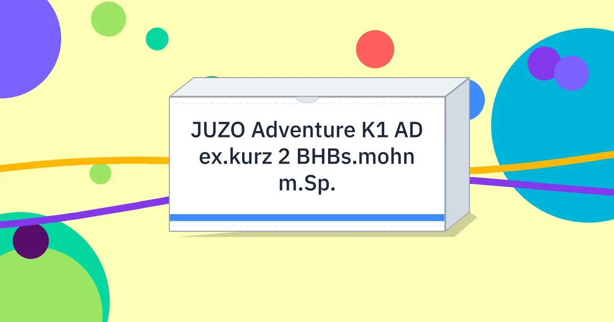 Symbolbild: Packung mit der Aufschrift JUZO Adventure K1 AD ex.kurz 2 BHBs.mohn m.Sp. (PZN 15496739) – Verfügbarkeit und Bezug in Apotheken in Frankfurt am Main