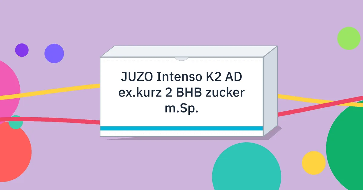 Symbolbild: Packung mit der Aufschrift JUZO Intenso K2 AD ex.kurz 2 BHB zucker m.Sp. (PZN 18614837) – Verfügbarkeit und Bezug in Apotheken in Frankfurt am Main