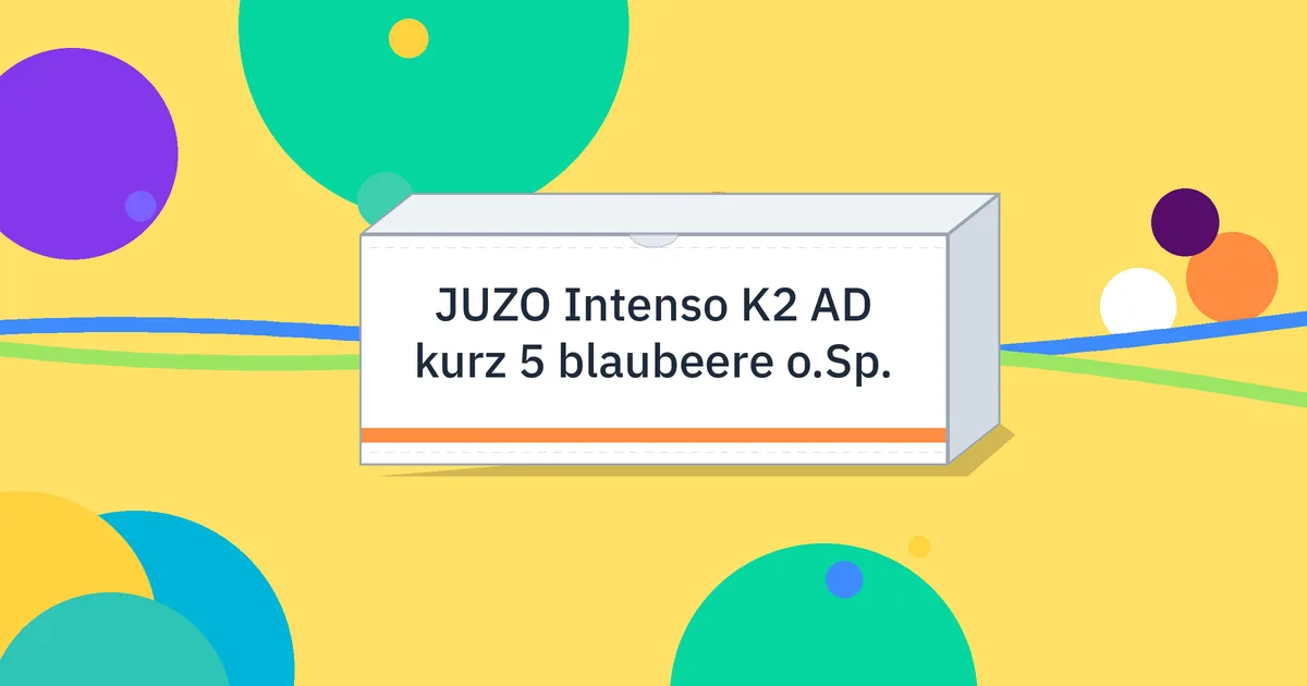 Symbolbild: Packung mit der Aufschrift JUZO Intenso K2 AD kurz 5 blaubeere o.Sp. (PZN 18618114) – Verfügbarkeit und Bezug in Apotheken in Frankfurt am Main