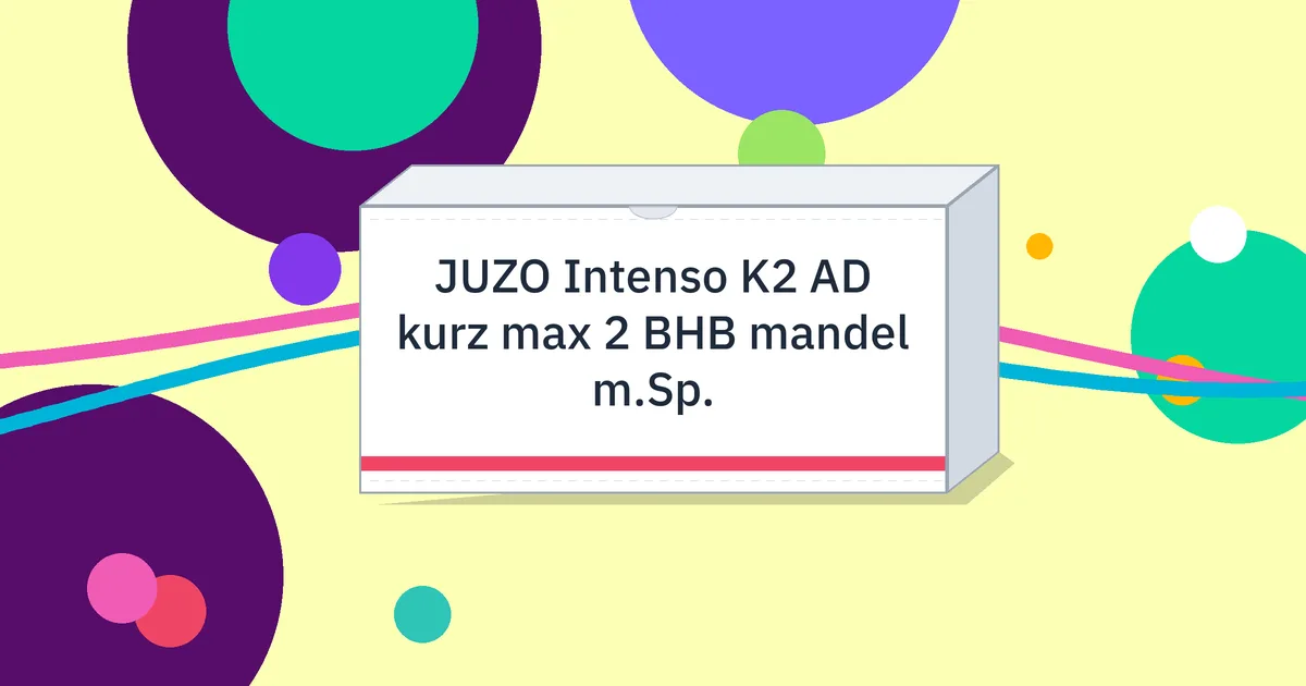 Symbolbild: Packung mit der Aufschrift JUZO Intenso K2 AD kurz max 2 BHB mandel m.Sp. (PZN 18615802) – Verfügbarkeit und Bezug in Apotheken in Frankfurt am Main