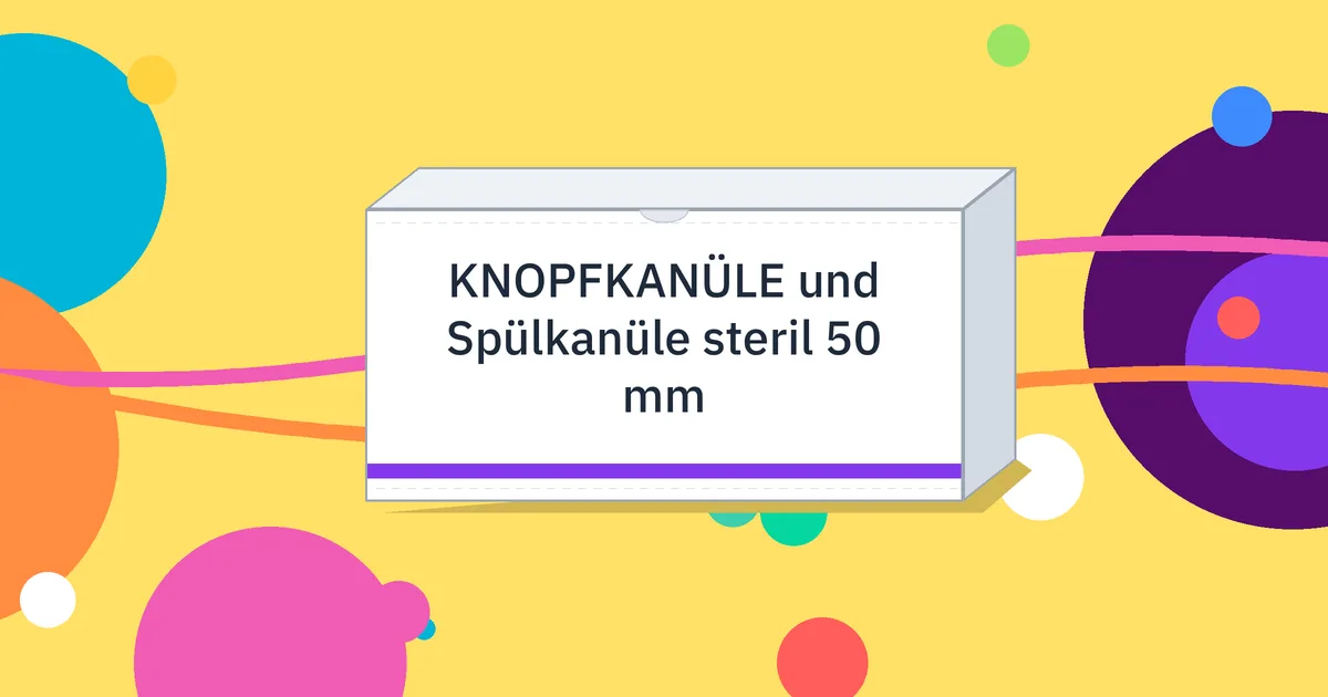Symbolbild: Packung mit der Aufschrift KNOPFKANÜLE und Spülkanüle steril 50 mm (PZN 18832770) – Verfügbarkeit und Bezug in Apotheken in Frankfurt am Main