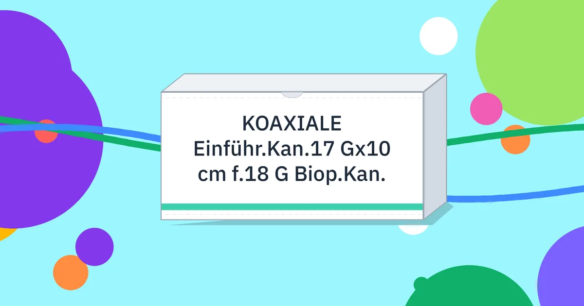 Symbolbild: Packung mit der Aufschrift KOAXIALE Einführ.Kan.17 Gx10 cm f.18 G Biop.Kan. (PZN 06903766) – Verfügbarkeit und Bezug in Apotheken in Frankfurt am Main