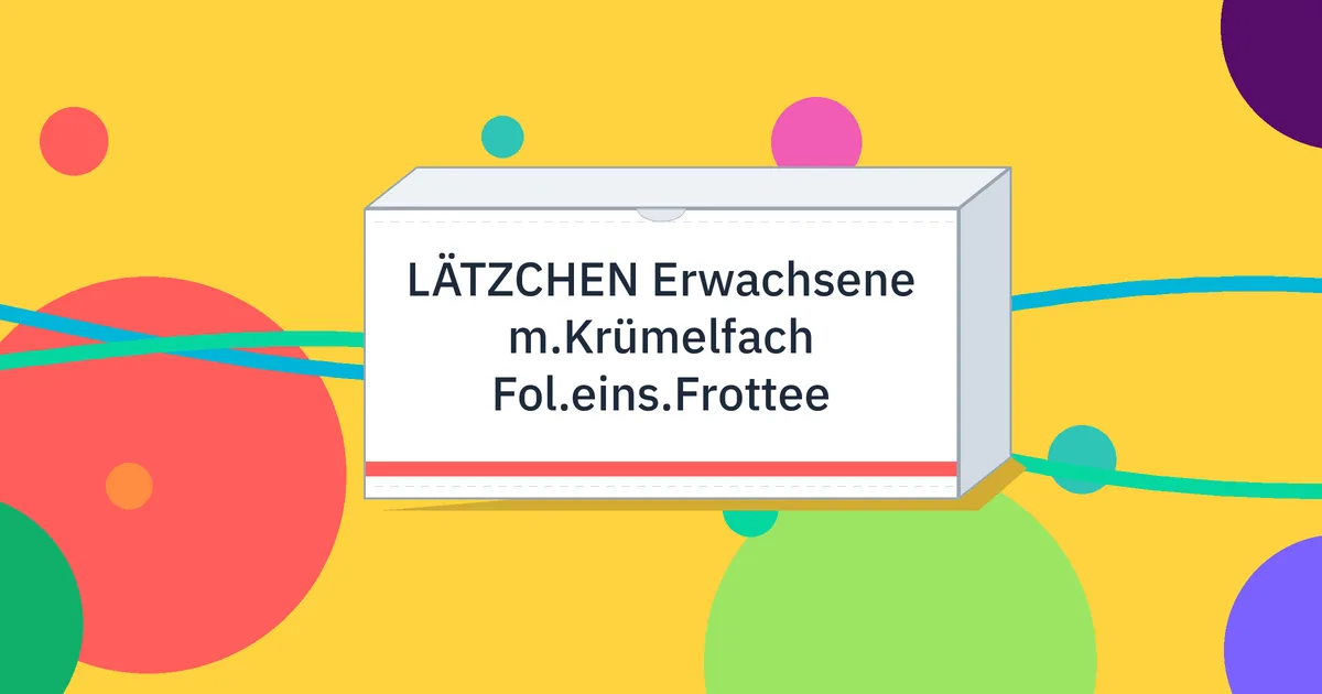 Symbolbild: Packung mit der Aufschrift LÄTZCHEN Erwachsene m.Krümelfach Fol.eins.Frottee (PZN 07661868) – Verfügbarkeit und Bezug in Apotheken in Frankfurt am Main