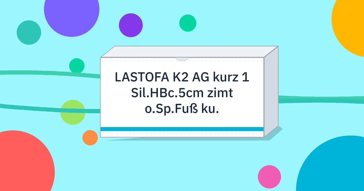 Symbolbild: Packung mit der Aufschrift LASTOFA K2 AG kurz 1 Sil.HBc.5cm zimt o.Sp.Fuß ku. (PZN 13802008) – Verfügbarkeit und Bezug in Apotheken in Frankfurt am Main