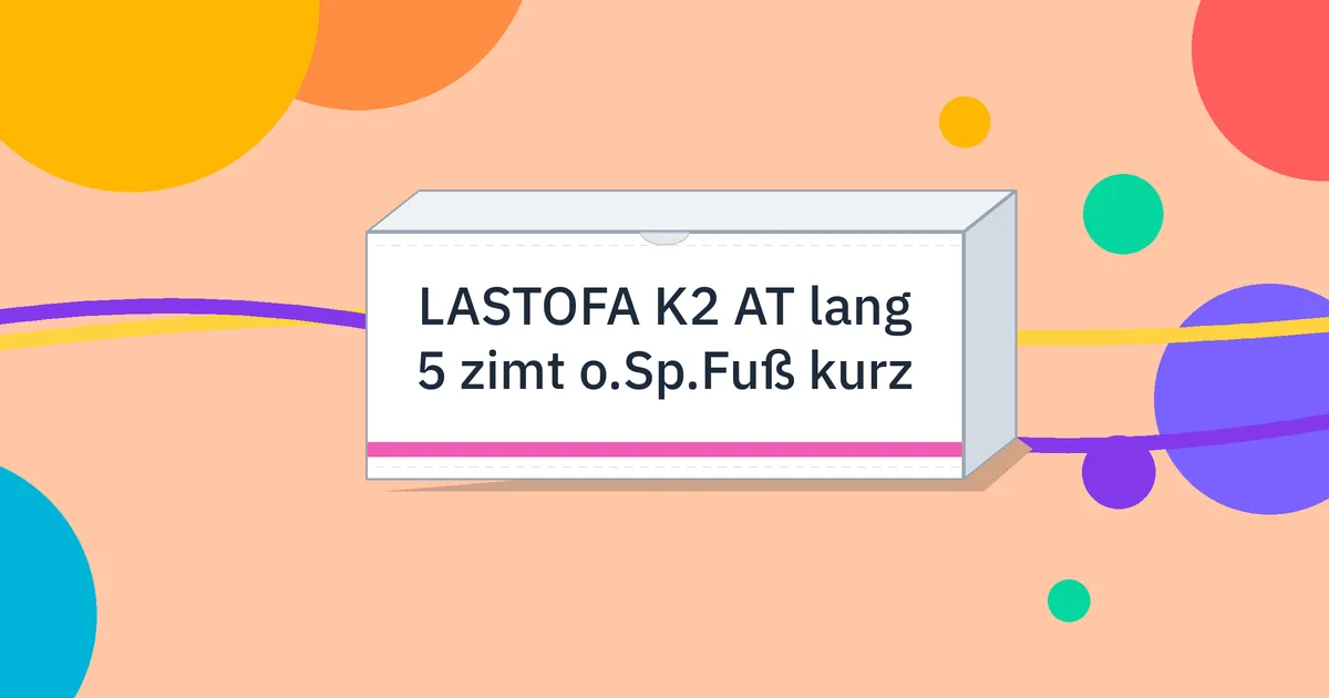 Symbolbild: Packung mit der Aufschrift LASTOFA K2 AT lang 5 zimt o.Sp.Fuß kurz (PZN 13809677) – Verfügbarkeit und Bezug in Apotheken in Frankfurt am Main