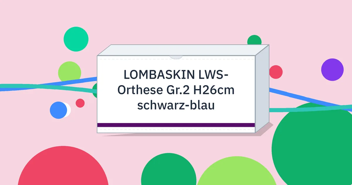 Symbolbild: Packung mit der Aufschrift LOMBASKIN LWS-Orthese Gr.2 H26cm schwarz-blau (PZN 18602857) – Verfügbarkeit und Bezug in Apotheken in Frankfurt am Main
