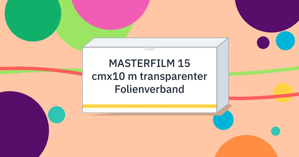 Symbolbild: Packung mit der Aufschrift MASTERFILM 15 cmx10 m transparenter Folienverband (PZN 19720955) – Verfügbarkeit und Bezug in Apotheken in Frankfurt am Main