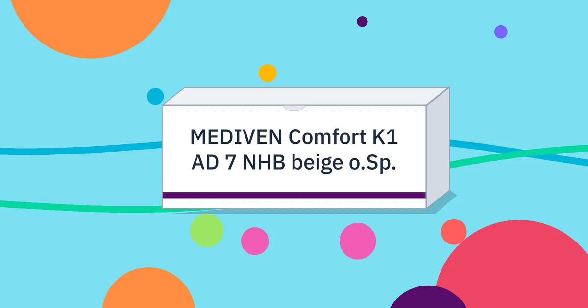 Symbolbild: Packung mit der Aufschrift MEDIVEN Comfort K1 AD 7 NHB beige o.Sp. (PZN 14560688) – Verfügbarkeit und Bezug in Apotheken in Frankfurt am Main