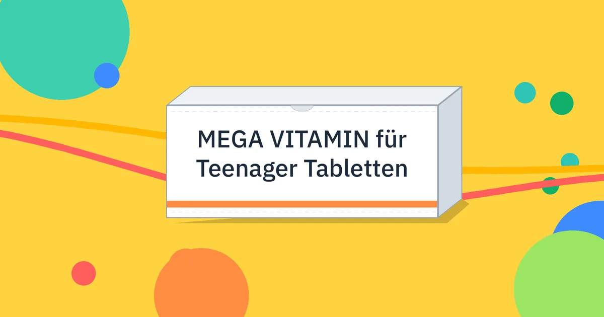 Symbolbild: Packung mit der Aufschrift MEGA VITAMIN für Teenager Tabletten (PZN 11714783) – Verfügbarkeit und Bezug in Apotheken in Frankfurt am Main