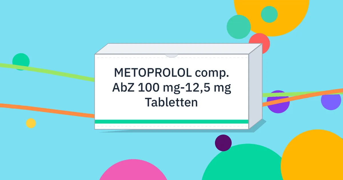 Symbolbild: Packung mit der Aufschrift METOPROLOL comp. AbZ 100 mg-12,5 mg Tabletten (PZN 01016486) – Verfügbarkeit und Bezug in Apotheken in Frankfurt am Main