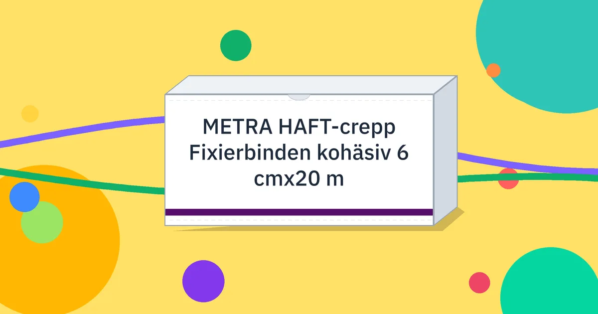 Symbolbild: Packung mit der Aufschrift METRA HAFT-crepp Fixierbinden kohäsiv 6 cmx20 m (PZN 07772332) – Verfügbarkeit und Bezug in Apotheken in Frankfurt am Main