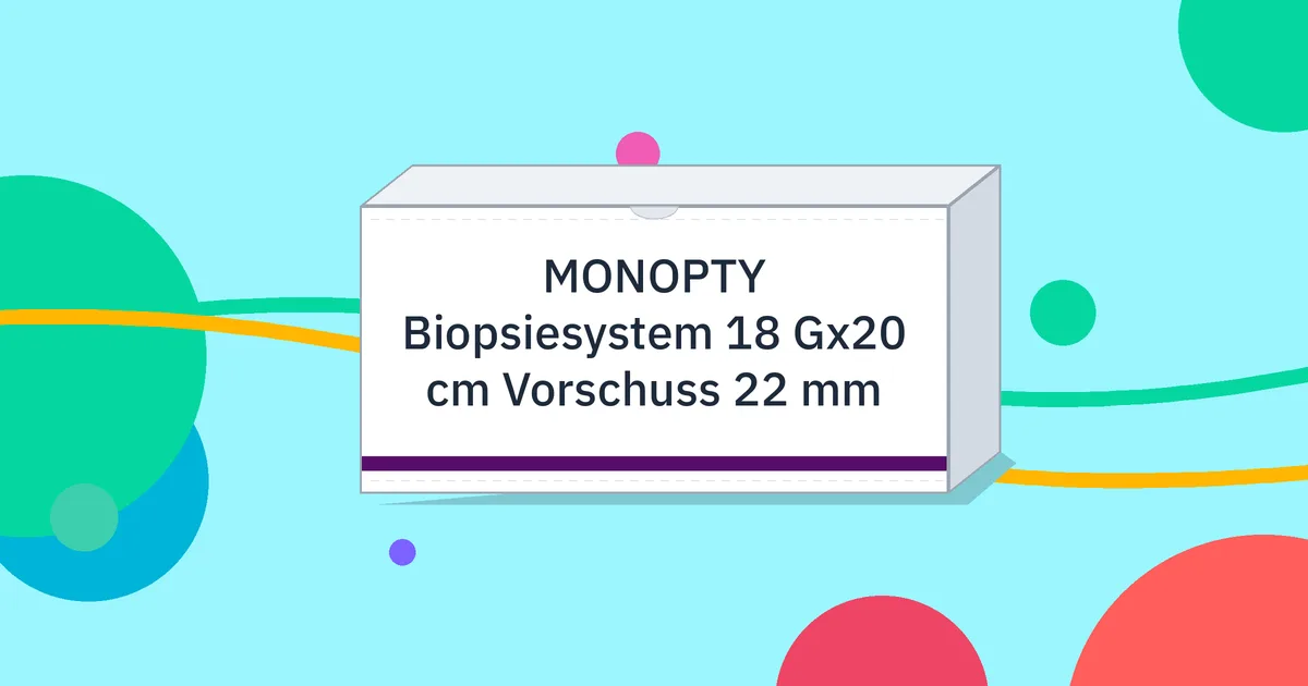 Symbolbild: Packung mit der Aufschrift MONOPTY Biopsiesystem 18 Gx20 cm Vorschuss 22 mm (PZN 03470060) – Verfügbarkeit und Bezug in Apotheken in Frankfurt am Main