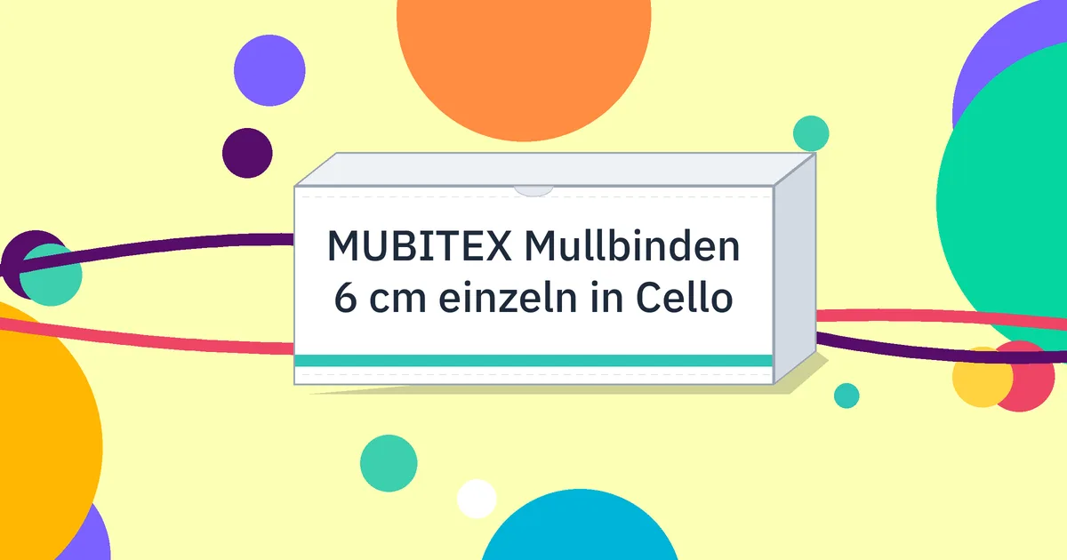 Symbolbild: Packung mit der Aufschrift MUBITEX Mullbinden 6 cm einzeln in Cello (PZN 02795096) – Verfügbarkeit und Bezug in Apotheken in Frankfurt am Main